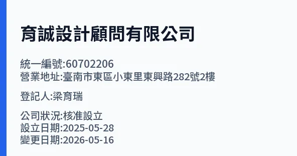 育誠設計顧問有限公司的照片-統編 60702206(臺南市) 公司登記資料與營業項目詳細圖表
