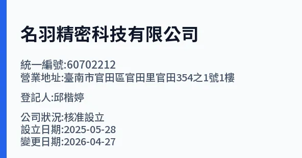 名羽精密科技有限公司的照片-統編 60702212(臺南市) 公司登記資料與營業項目詳細圖表
