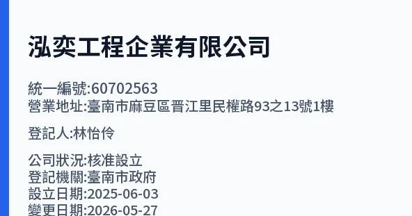 泓奕工程企業有限公司的照片-統編 60702563(臺南市) 公司登記資料與營業項目詳細圖表