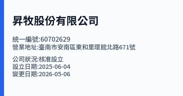 昇牧股份有限公司的照片-統編 60702629(臺南市) 公司登記資料與營業項目詳細圖表