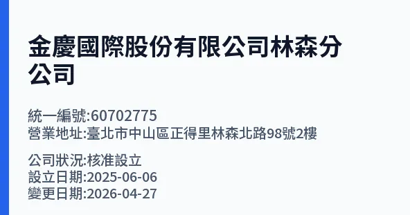 金慶國際股份有限公司林森分公司的照片-統編 60702775(臺北市) 公司登記資料與營業項目詳細圖表