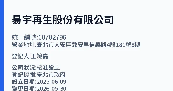 昜宇再生股份有限公司的照片-統編 60702796(臺北市) 公司登記資料與營業項目詳細圖表