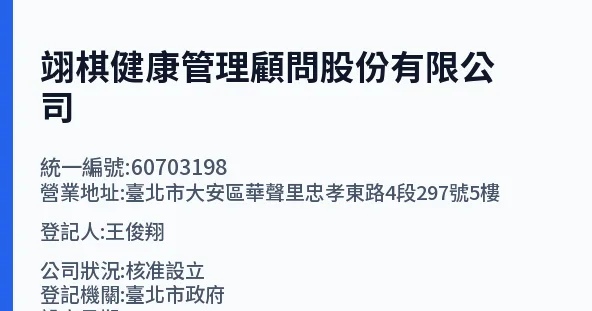 翊棋健康管理顧問股份有限公司的照片-統編 60703198(臺北市) 公司登記資料與營業項目詳細圖表