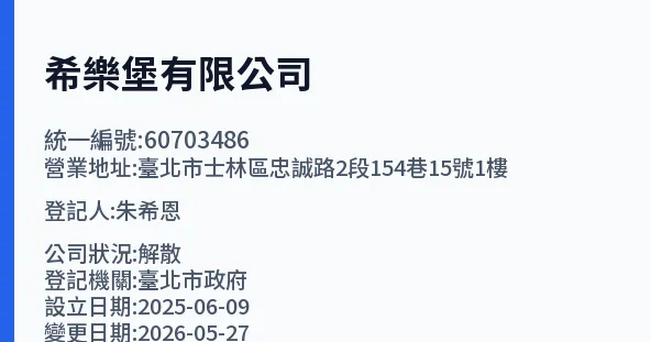 希樂堡有限公司的照片-統編 60703486(臺北市) 公司登記資料與營業項目詳細圖表