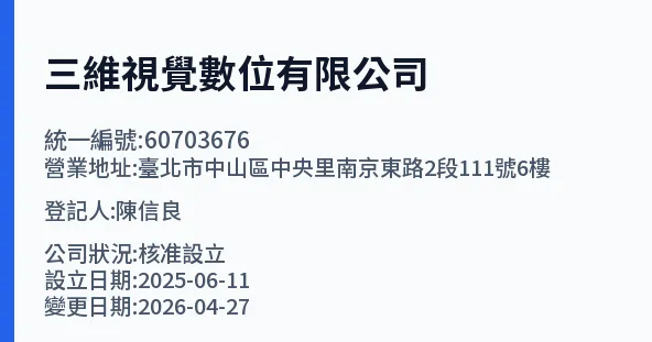 三維視覺數位有限公司的照片-統編 60703676(臺北市) 公司登記資料與營業項目詳細圖表