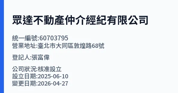 眾達不動產仲介經紀有限公司的照片-統編 60703795(臺北市) 公司登記資料與營業項目詳細圖表