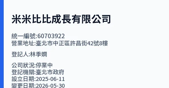 米米比比成長有限公司的照片-統編 60703922(臺北市) 公司登記資料與營業項目詳細圖表