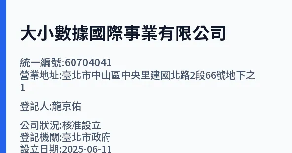 大小數據國際事業有限公司的照片-統編 60704041(臺北市) 公司登記資料與營業項目詳細圖表