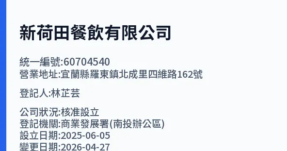 新荷田餐飲有限公司的照片-統編 60704540(宜蘭縣) 公司登記資料與營業項目詳細圖表