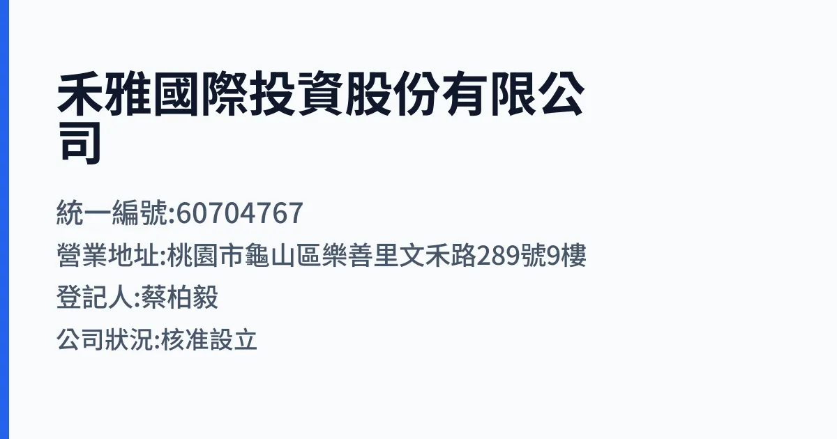 禾雅國際投資股份有限公司 - 統編 60704767(桃園市) 公司登記資料與營業項目詳細圖表
