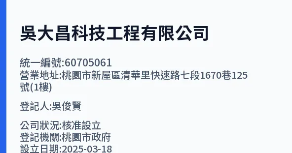 吳大昌科技工程有限公司的照片-統編 60705061(桃園市) 公司登記資料與營業項目詳細圖表