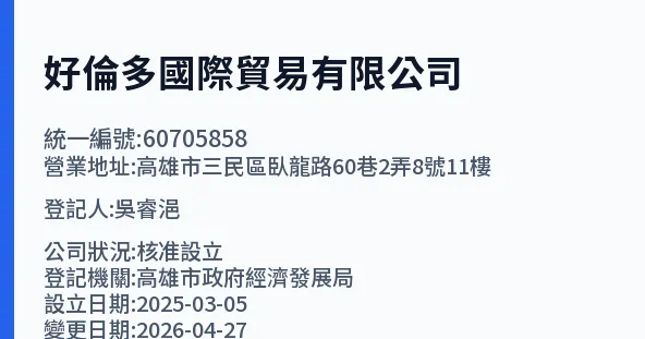 好倫多國際貿易有限公司的照片-統編 60705858(高雄市) 公司登記資料與營業項目詳細圖表