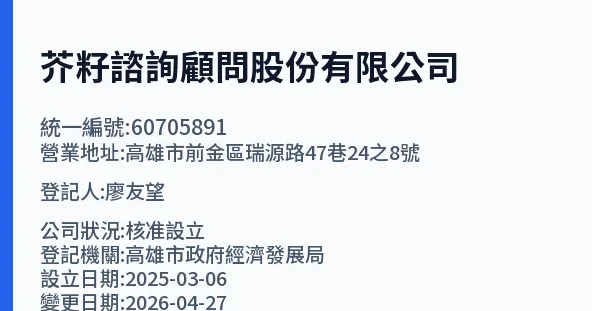 芥籽諮詢顧問股份有限公司的照片-統編 60705891(高雄市) 公司登記資料與營業項目詳細圖表