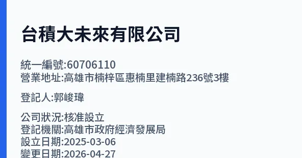 台積大未來有限公司的照片-統編 60706110(高雄市) 公司登記資料與營業項目詳細圖表