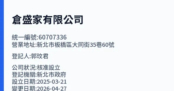 倉盛家有限公司的照片-統編 60707336(新北市) 公司登記資料與營業項目詳細圖表