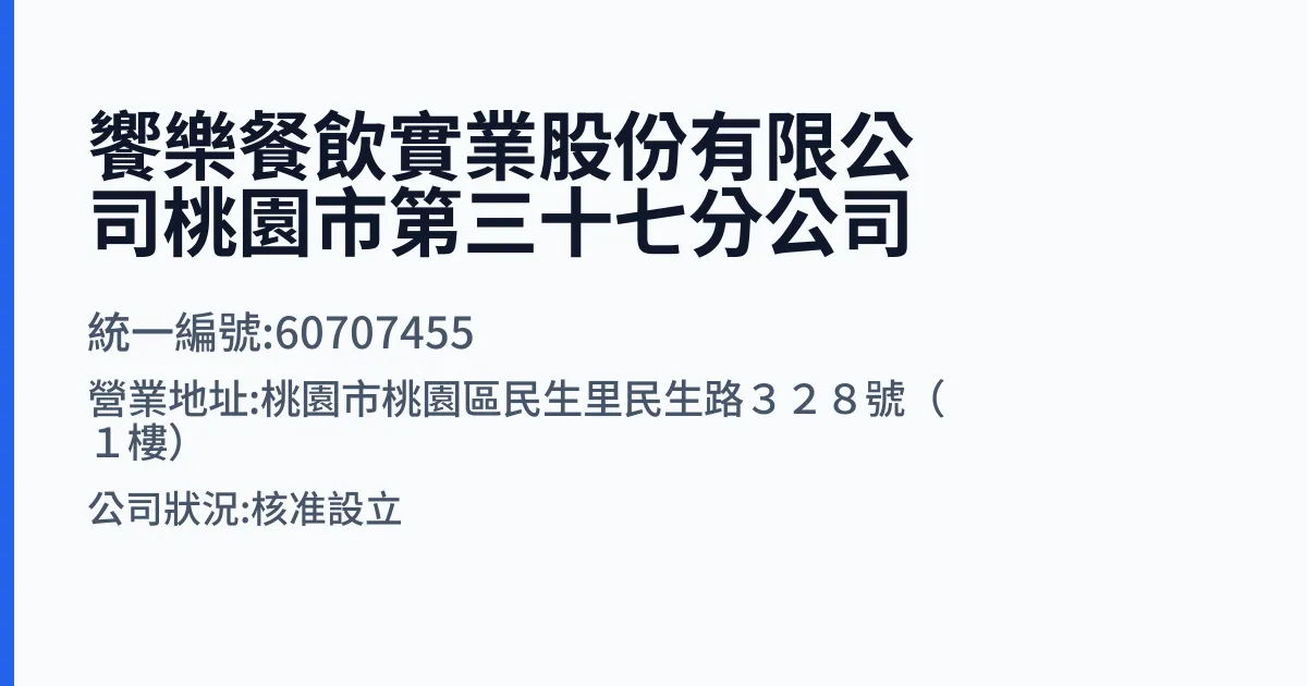 饗樂餐飲實業股份有限公司桃園市第三十七分公司 - 統編 60707455(桃園市) 公司登記資料與營業項目詳細圖表