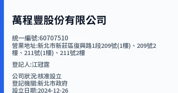 萬程豐股份有限公司的照片-統編 60707510(新北市) 公司登記資料與營業項目詳細圖表