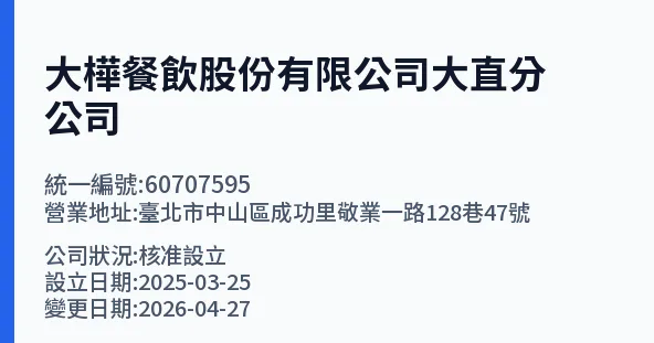 大樺餐飲股份有限公司大直分公司的照片-統編 60707595(臺北市) 公司登記資料與營業項目詳細圖表