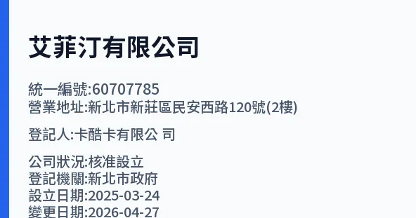 艾菲汀有限公司的照片-統編 60707785(新北市) 公司登記資料與營業項目詳細圖表