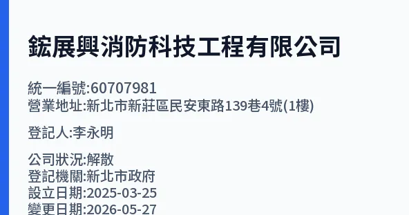 鋐展興消防科技工程有限公司的照片-統編 60707981(新北市) 公司登記資料與營業項目詳細圖表