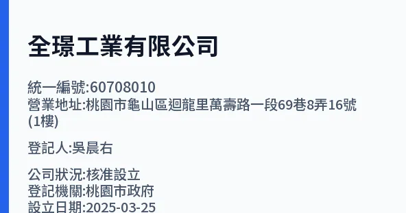 全璟工業有限公司的照片-統編 60708010(桃園市) 公司登記資料與營業項目詳細圖表