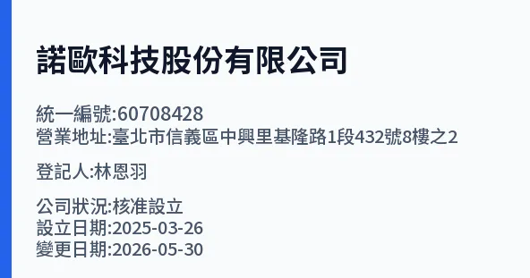 諾歐科技股份有限公司的照片-統編 60708428(臺北市) 公司登記資料與營業項目詳細圖表