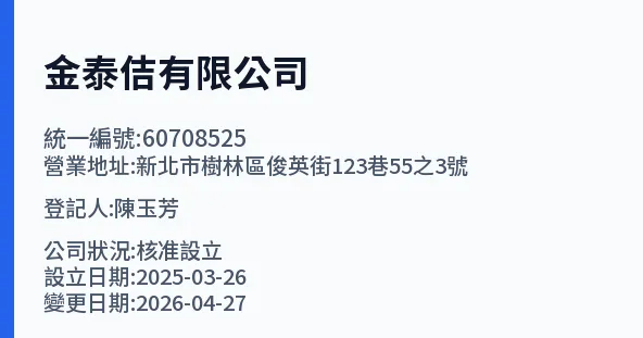 金泰佶有限公司的照片-統編 60708525(新北市) 公司登記資料與營業項目詳細圖表