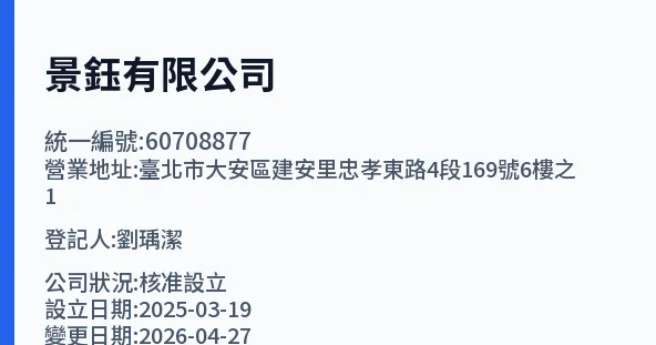 景鈺有限公司的照片-統編 60708877(臺北市) 公司登記資料與營業項目詳細圖表
