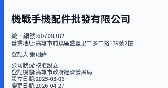 機戰手機配件批發有限公司的照片-統編 60709382(高雄市) 公司登記資料與營業項目詳細圖表