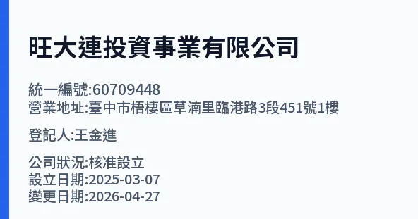旺大連投資事業有限公司的照片-統編 60709448(臺中市) 公司登記資料與營業項目詳細圖表