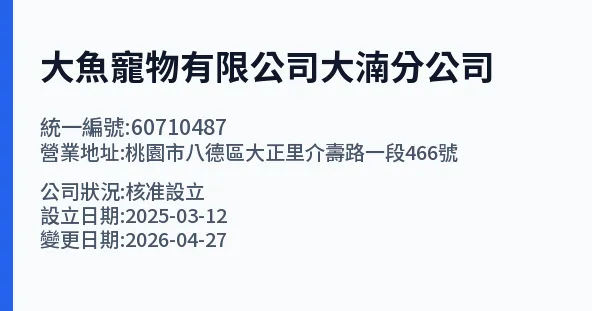 大魚寵物有限公司大湳分公司的照片-統編 60710487(桃園市) 公司登記資料與營業項目詳細圖表