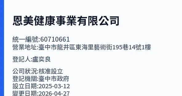 恩美健康事業有限公司的照片-統編 60710661(臺中市) 公司登記資料與營業項目詳細圖表