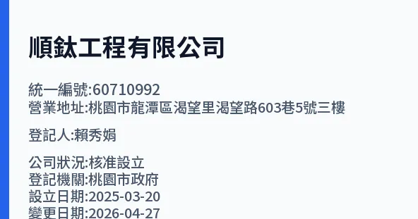 順鈦工程有限公司的照片-統編 60710992(桃園市) 公司登記資料與營業項目詳細圖表