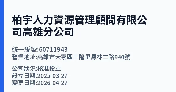 柏宇人力資源管理顧問有限公司高雄分公司的照片-統編 60711943(高雄市) 公司登記資料與營業項目詳細圖表
