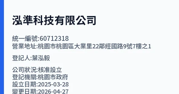 泓準科技有限公司的照片-統編 60712318(桃園市) 公司登記資料與營業項目詳細圖表