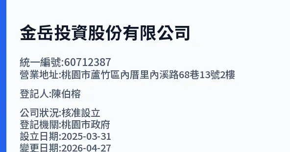 金岳投資股份有限公司的照片-統編 60712387(桃園市) 公司登記資料與營業項目詳細圖表