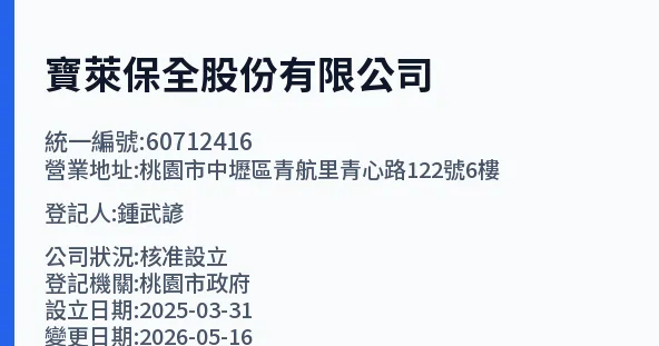 寶萊保全股份有限公司的照片-統編 60712416(桃園市) 公司登記資料與營業項目詳細圖表