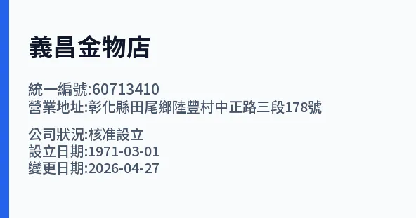 義昌金物店的照片-統編 60713410(彰化縣) 公司登記資料與營業項目詳細圖表