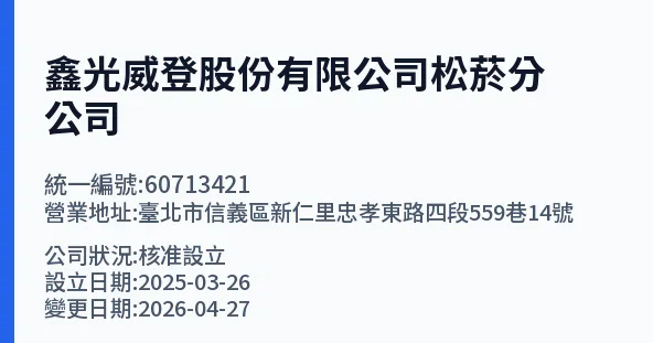 鑫光威登股份有限公司松菸分公司的照片-統編 60713421(臺北市) 公司登記資料與營業項目詳細圖表