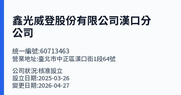 鑫光威登股份有限公司漢口分公司的照片-統編 60713463(臺北市) 公司登記資料與營業項目詳細圖表