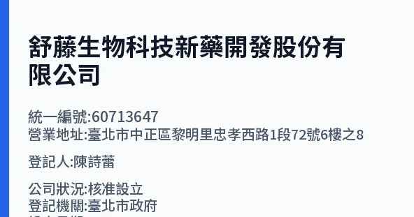 舒藤生物科技新藥開發股份有限公司的照片-統編 60713647(臺北市) 公司登記資料與營業項目詳細圖表