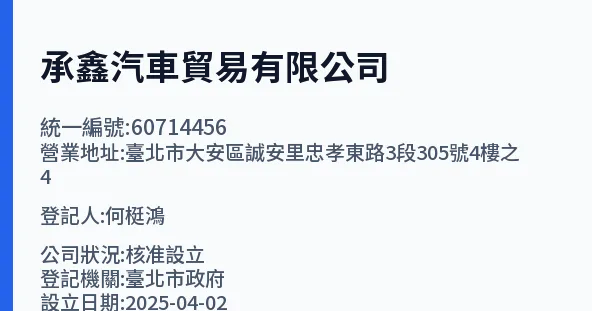 承鑫汽車貿易有限公司的照片-統編 60714456(臺北市) 公司登記資料與營業項目詳細圖表