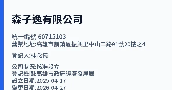 森子逸有限公司的照片-統編 60715103(高雄市) 公司登記資料與營業項目詳細圖表