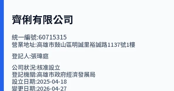 齊俐有限公司的照片-統編 60715315(高雄市) 公司登記資料與營業項目詳細圖表