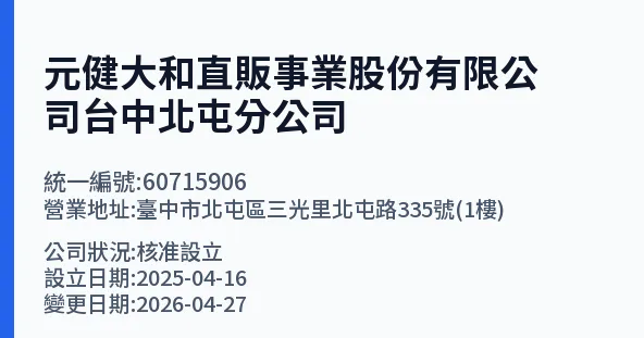 元健大和直販事業股份有限公司台中北屯分公司的照片-統編 60715906(臺中市) 公司登記資料與營業項目詳細圖表