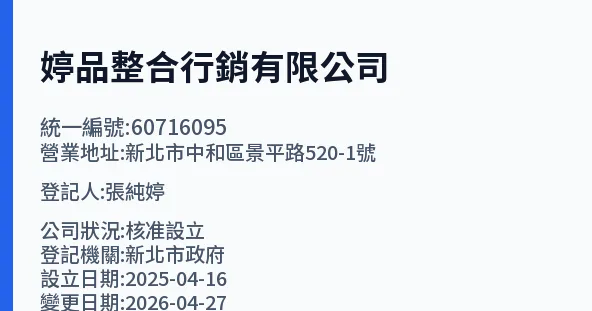 婷品整合行銷有限公司的照片-統編 60716095(新北市) 公司登記資料與營業項目詳細圖表