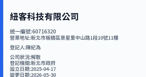 紐客科技有限公司的照片-統編 60716320(新北市) 公司登記資料與營業項目詳細圖表