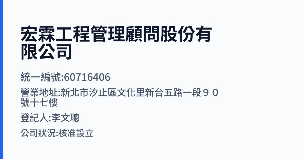 宏霖工程管理顧問股份有限公司 - 統編 60716406(新北市) 公司登記資料與營業項目詳細圖表