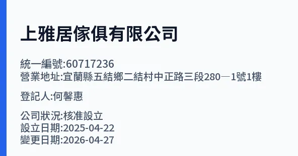 上雅居傢俱有限公司的照片-統編 60717236(宜蘭縣) 公司登記資料與營業項目詳細圖表