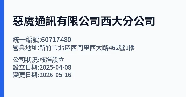 惡魔通訊有限公司西大分公司的照片-統編 60717480(新竹市) 公司登記資料與營業項目詳細圖表